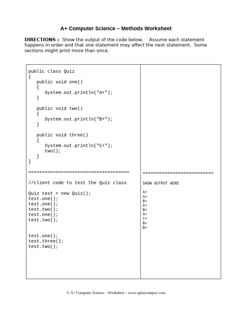 Methods Worksheet1 Java Aplus Key | PDF