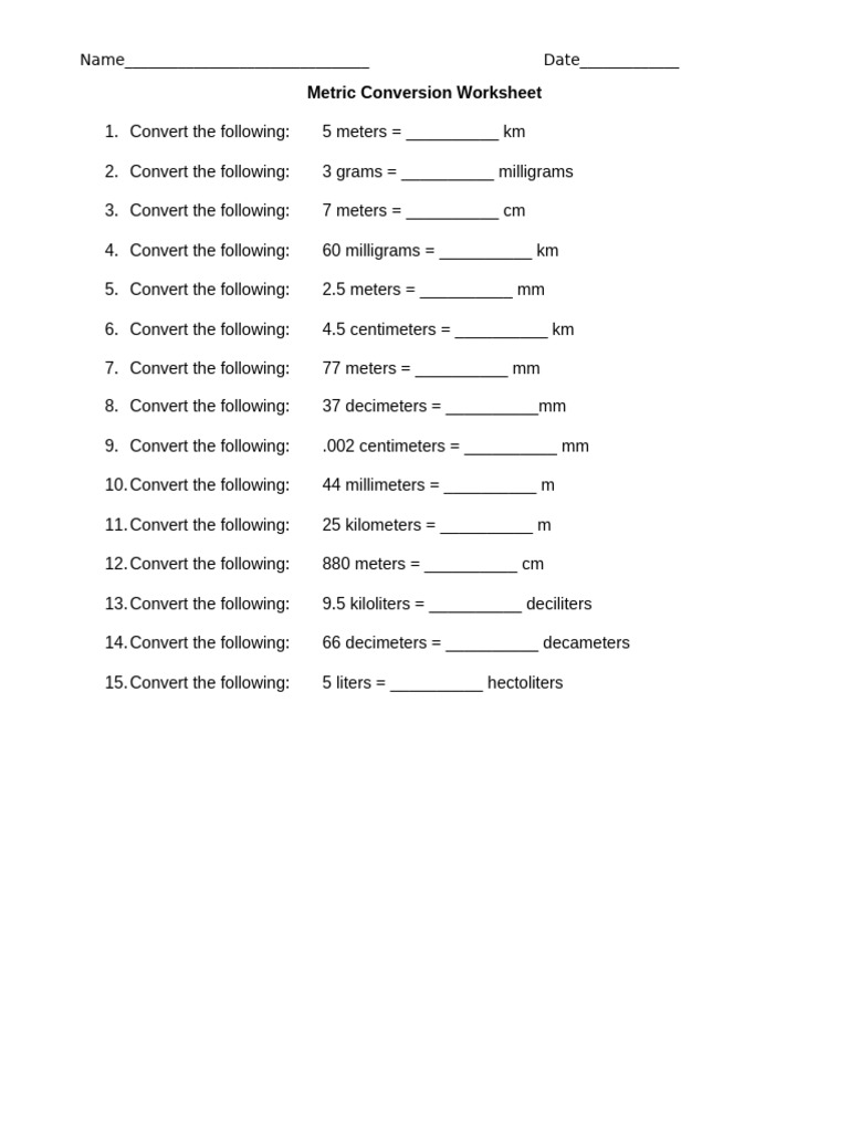 Metric Conversion Practice Worksheet | PDF