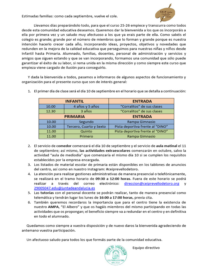 Carta Inicio de Curso 2025 - 26 | PDF