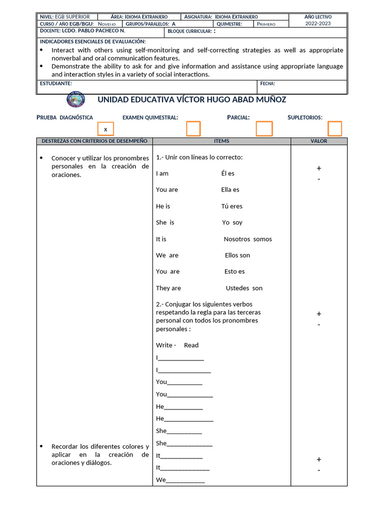 Prueba Diagnóstica de Inglés EGB Noveno | PDF | Lingüística | Idiomas