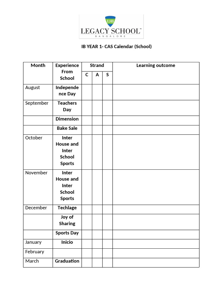 IB CAS Calendar for Years 1 & 2 | PDF