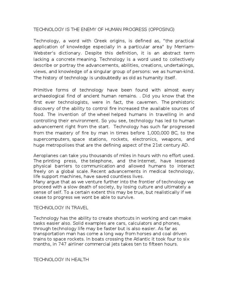 Technology Is The Enemy of Human Progres (OPPOSING) | PDF | Science And ...