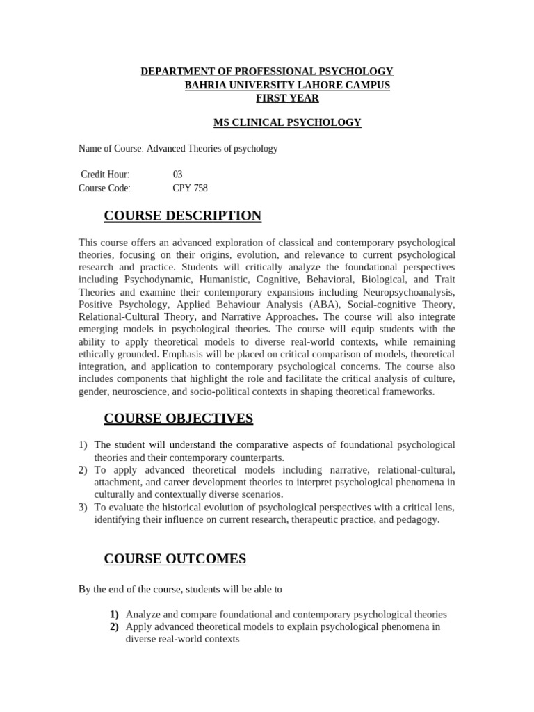 Advanced Theories of Psychology Course Outline 02092025 103245am | PDF ...