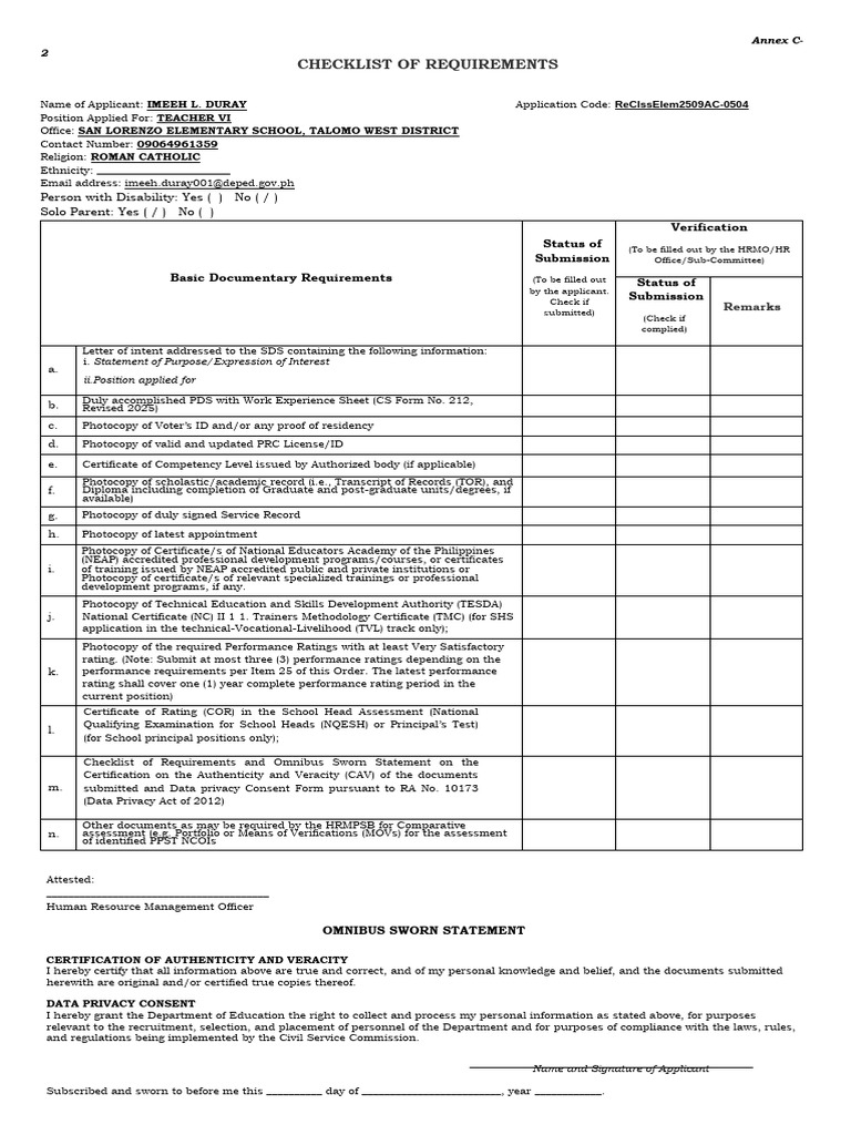 Checklist of Requirements Annex C 2 | PDF