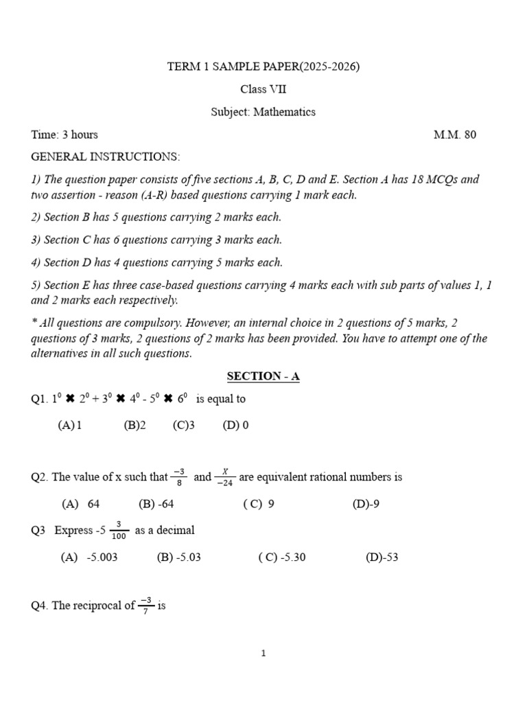 Class VII Mathematics Term 1 Sample Paper | PDF | Length | Mathematical ...