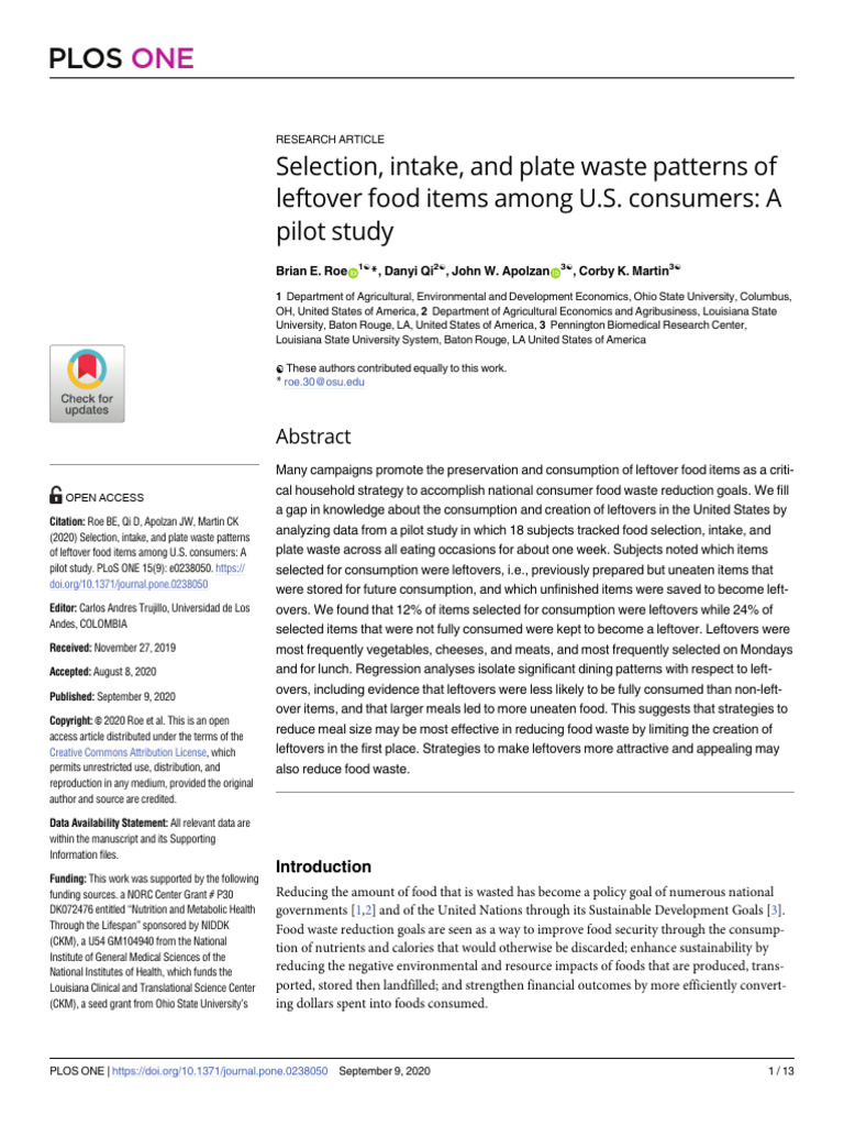 ROE - 2020 - Selection, Intake, and Plate Waste Patterns of Leftover ...
