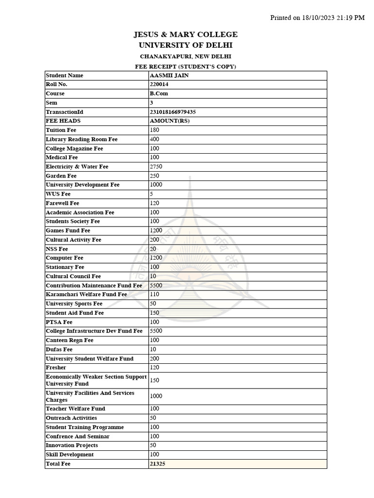 Jesus & Mary College Fee Receipt | PDF