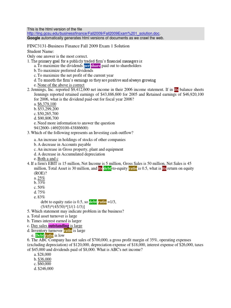 Business Finance Exam Solutions | PDF | Retained Earnings | Dividend