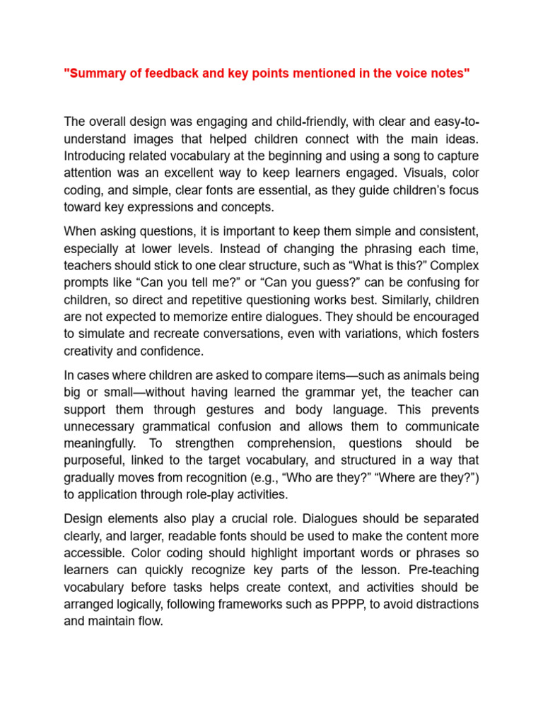 Summary of Feedback and Key Points Mentioned in The Voice Notes | PDF ...