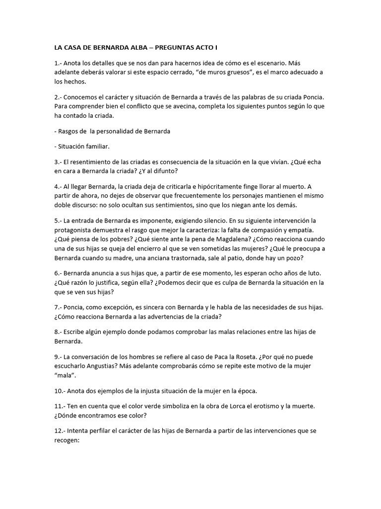Análisis Acto I de La Casa de Bernarda Alba | PDF