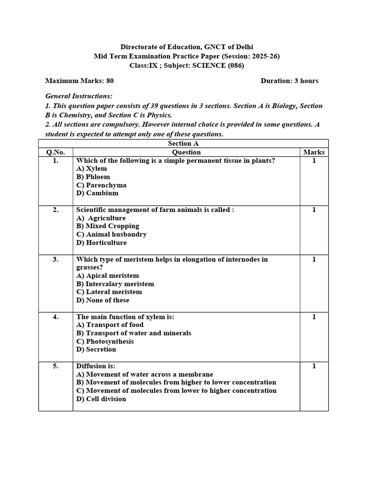 Class 9 Science Mid Term Practice Paper | PDF | Force | Acceleration