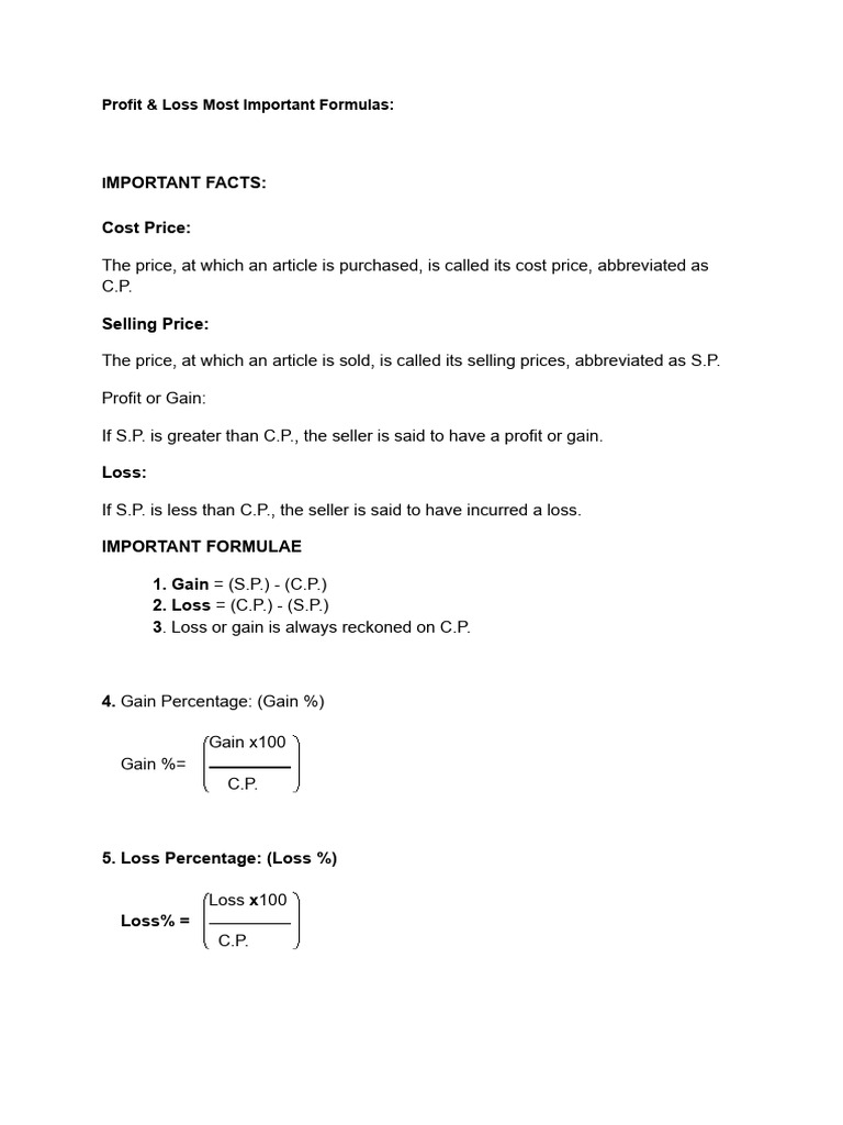 Key Profit and Loss Formulas PDF | PDF