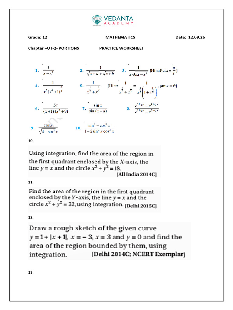Grade 12 - Math-Practice Worksheet (12.09.25) | PDF