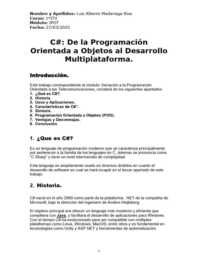 Luis Alberto-Ut07 Exposición | PDF | C Sharp (lenguaje de programación) | Objeto (informática)