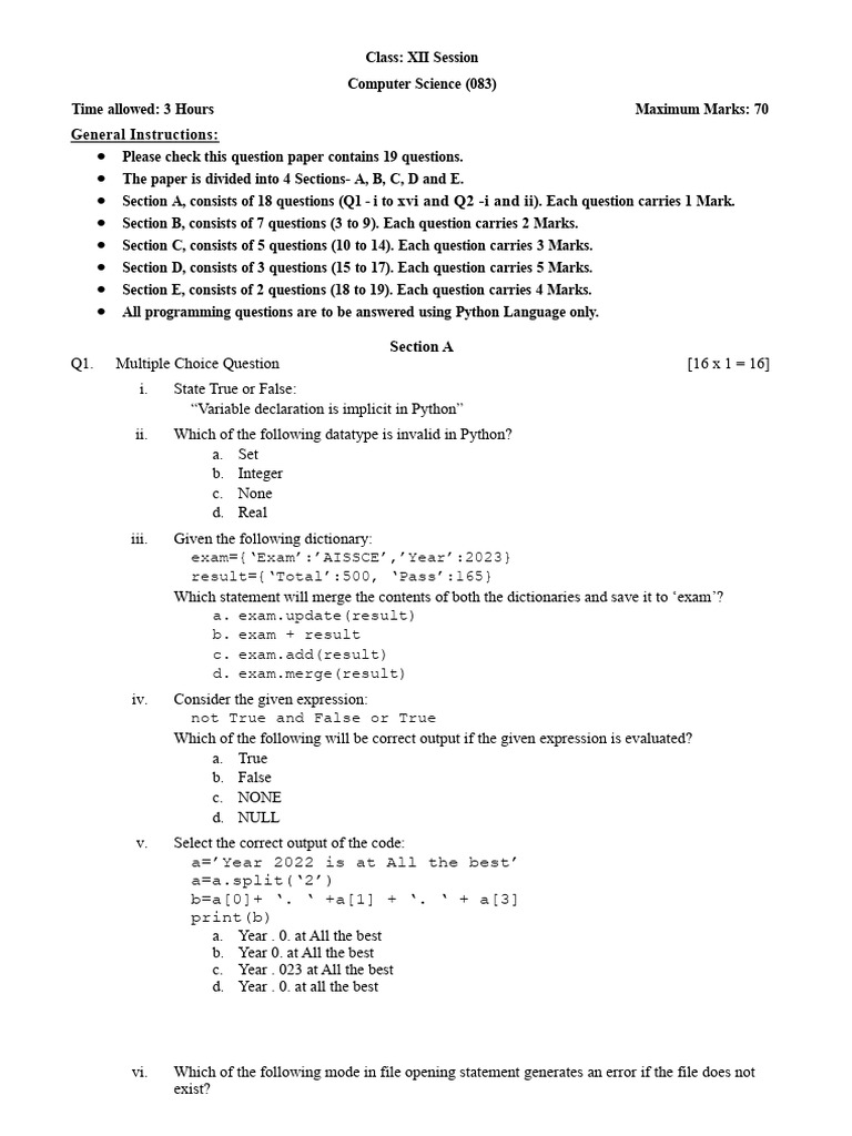 Class XII Computer Science Exam Paper | PDF | Computing | Data Management