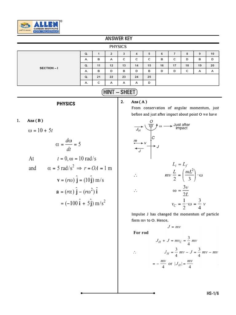 Physics Answer Key and Solutions | PDF | Angular Momentum | Torque