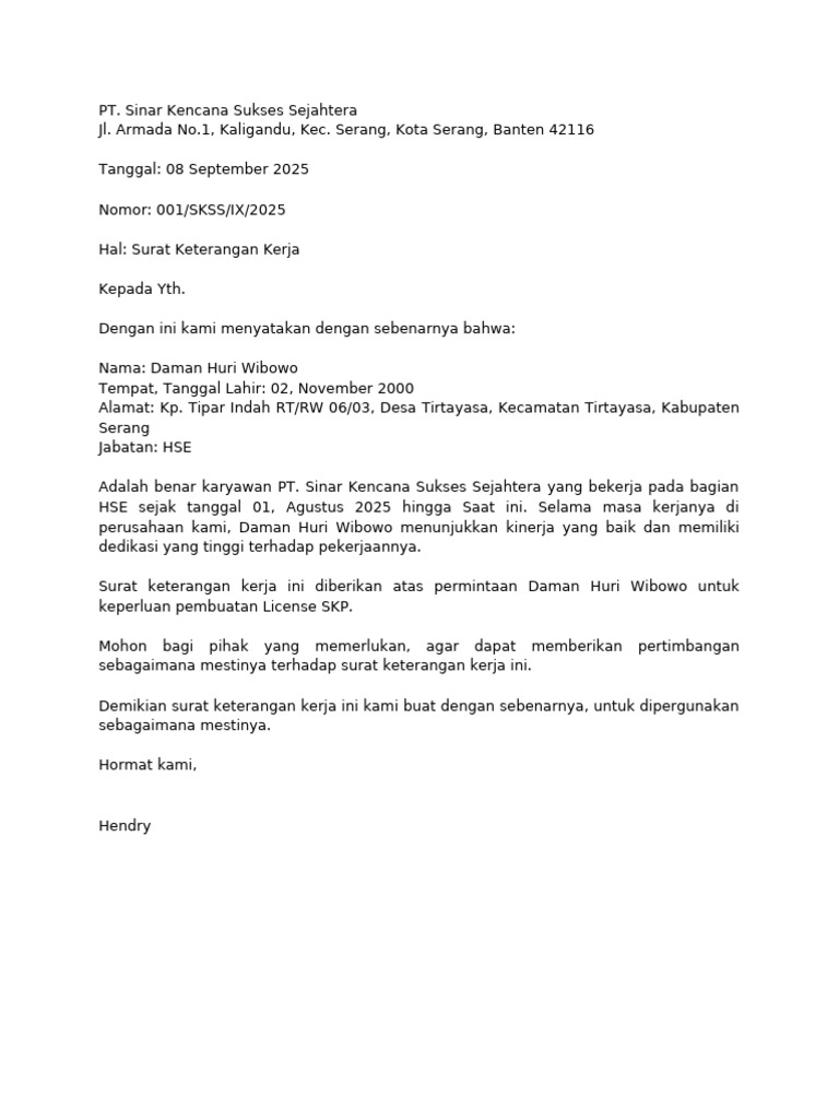Surat Keterangan Kerja Daman Huri Wibowo | PDF