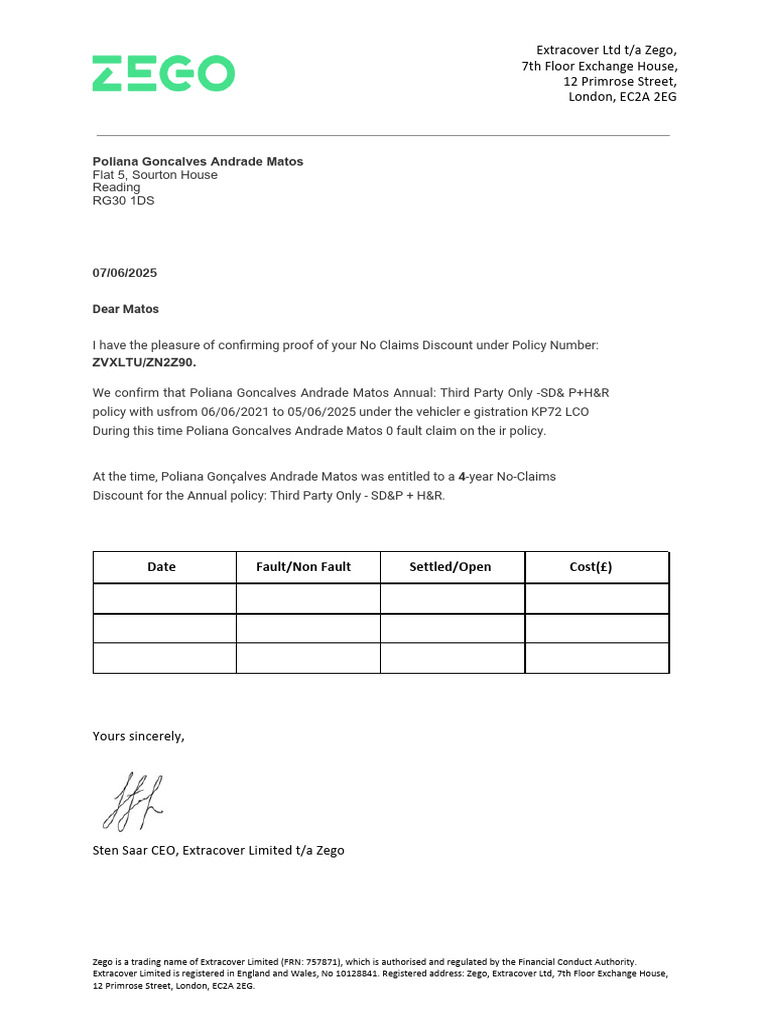 Zego UK - No Claims Discount. | PDF