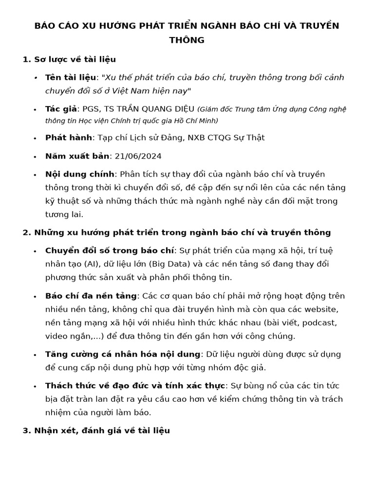 Báo Cáo Xu Hướng Phát Triển Ngành Báo Chí Và Truyền Thông | PDF