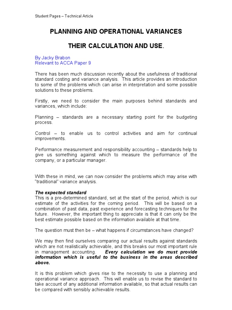 Planning And Operational Variances Pdf Variance Management Accounting