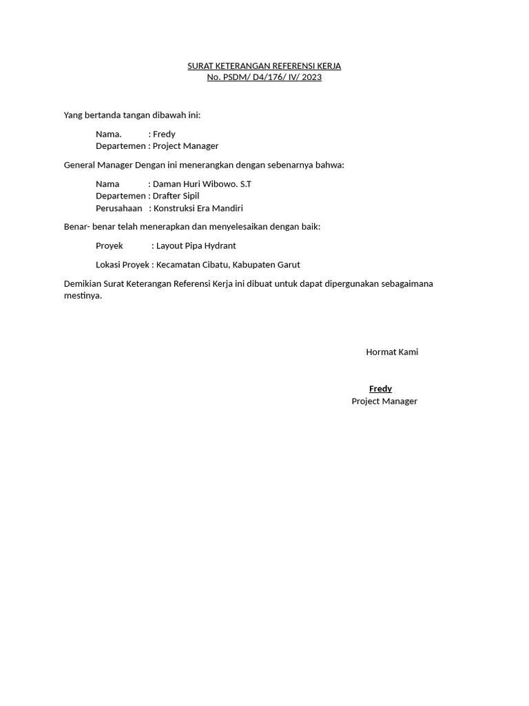 Surat Referensi Kerja Daman Huri Wibowo | PDF