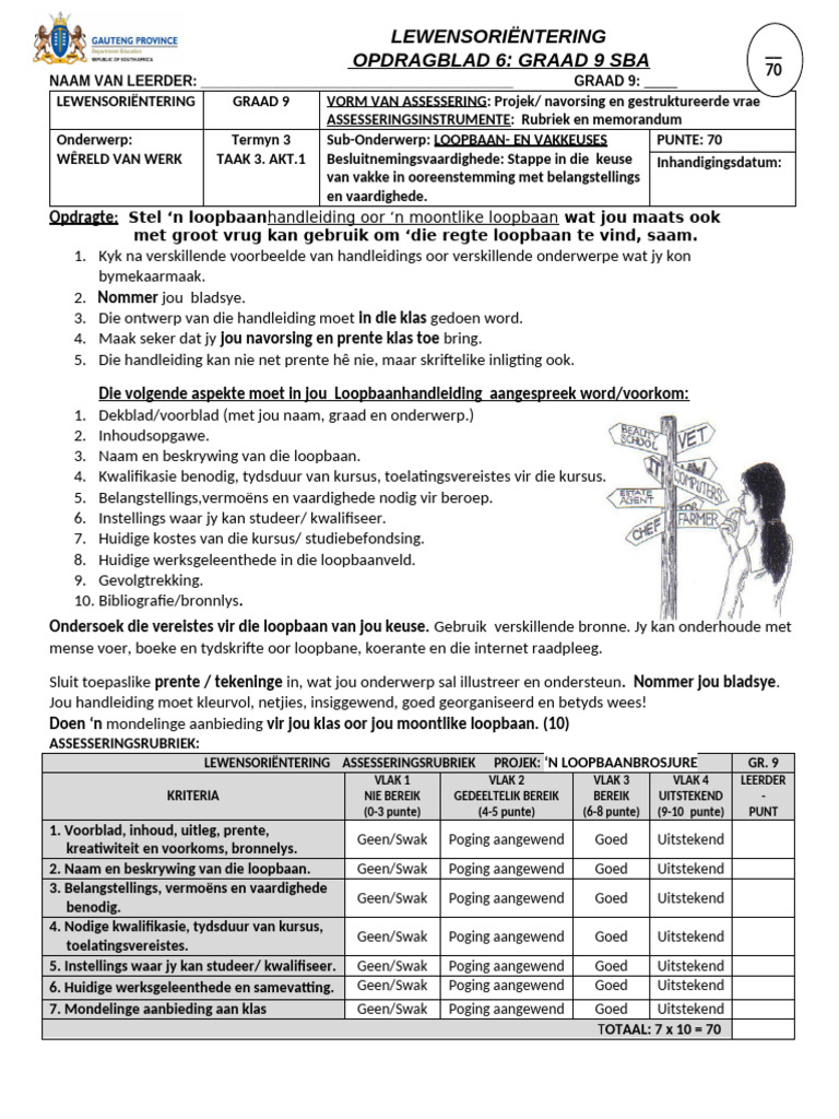 Opdragblad 6, Gr. 9, T 3 Kies 'N Loopbaan, Projek, 2015 | PDF