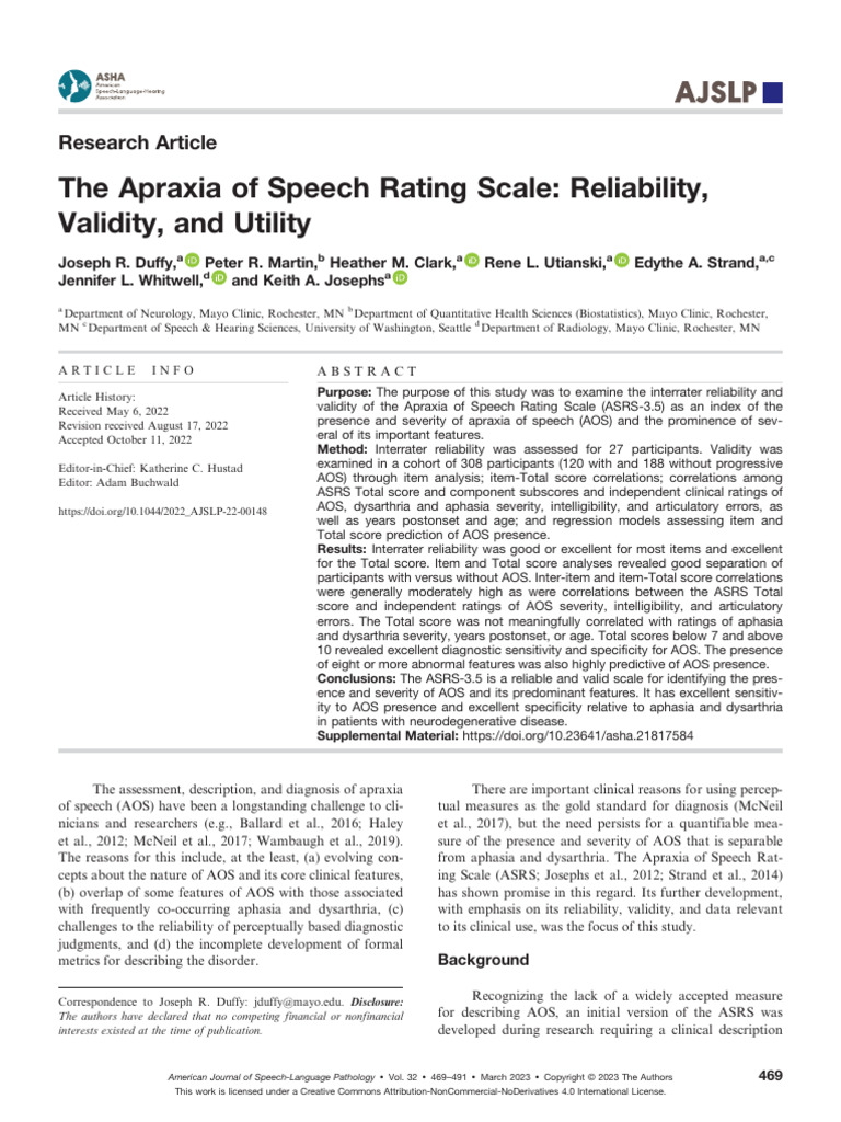 Apraxia of Speech Rating Scale Study | PDF | Aphasia | Validity ...