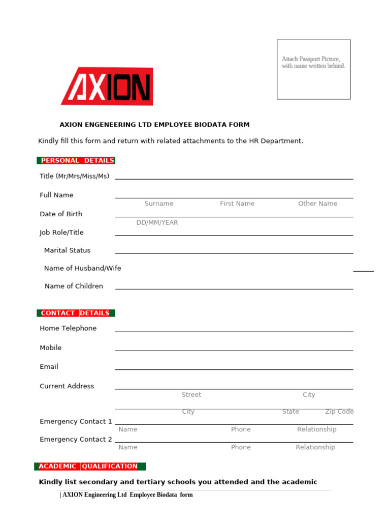 AXION Employee Biodata Form | PDF | Justice | Crime & Violence