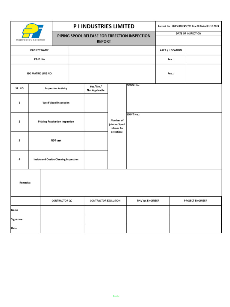 Piping Spool Release Inspection Report | PDF