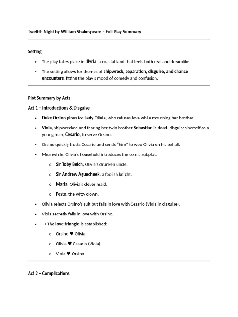 Twelfth Night Full Summary | PDF | Twelfth Night