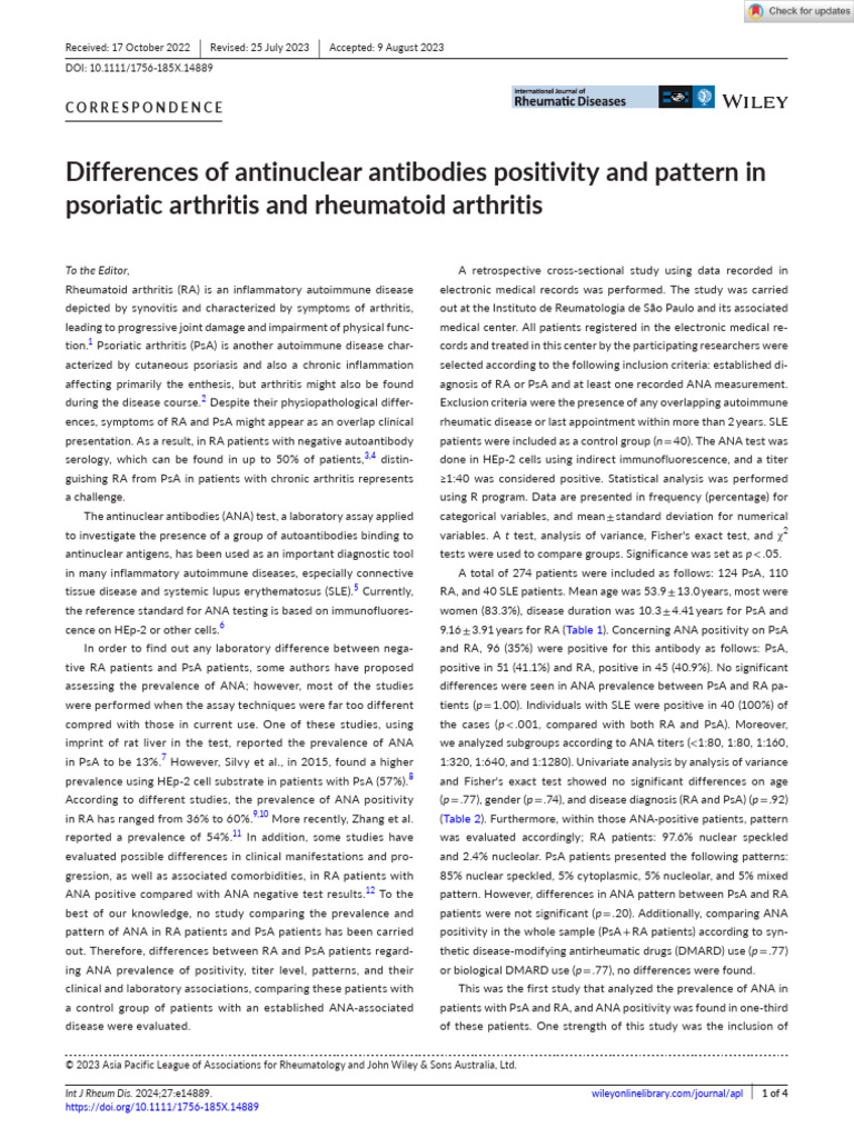 ANA Positivity in PsA vs RA Patients | PDF | Arthritis | Autoimmune Disease