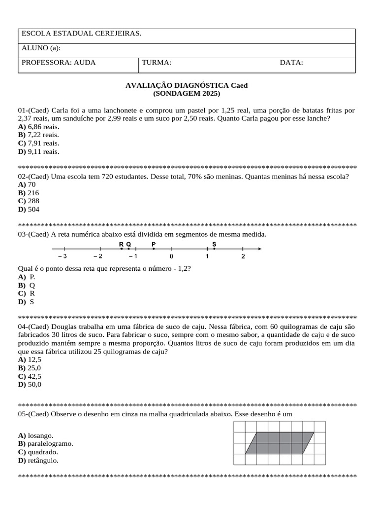 Avaliação Diagnóstica Caed 2025 | PDF