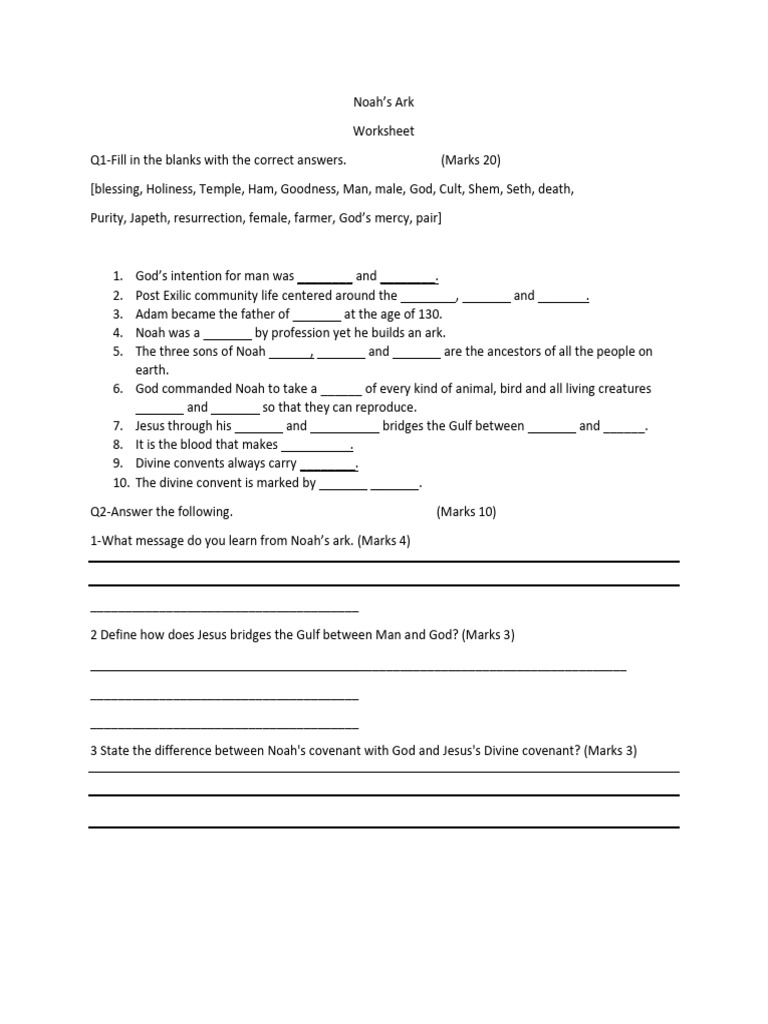 Noah's Ark Worksheet and Quiz | PDF