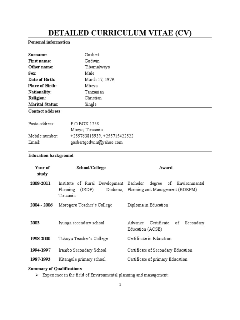 Godwin Gosbert - Curriculum Vitae | PDF | Teachers | Environmental ...