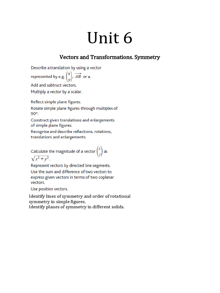 Unit 6 - Vectors and Transformations. Symmetry | PDF