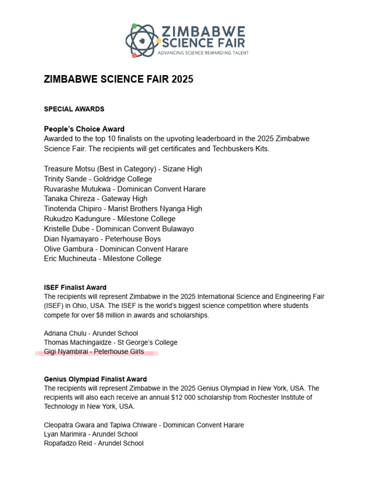 Zimbabwe Science Fair 2025 - Awardees | PDF | Science