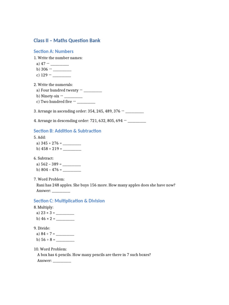 Class II Maths Question Bank Guide | PDF
