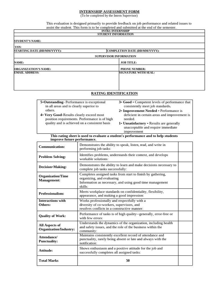Internship Performance Assessment Form | PDF | Social Psychology | Learning