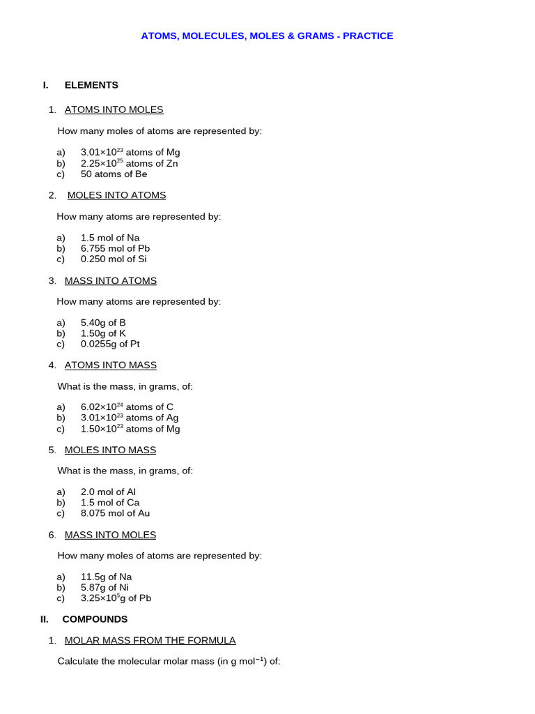 Grams to Moles and Atoms Practice | PDF | Mole (Unit) | Physical Sciences