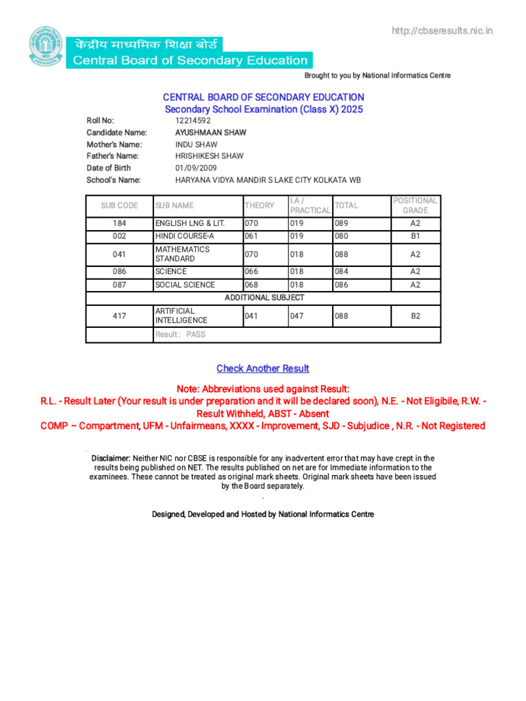 CBSE Class X Result 2025 for Ayushmaan Shaw | PDF | Student Assessment ...