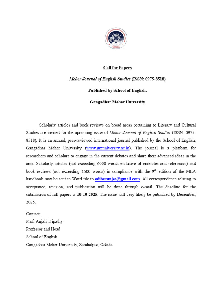 Submissions 2025 - Meher Journal of English Studies | PDF