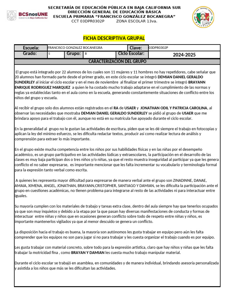 Ejemplo Ficha Descriptiva Grupal | PDF | Educación primaria | Escuelas