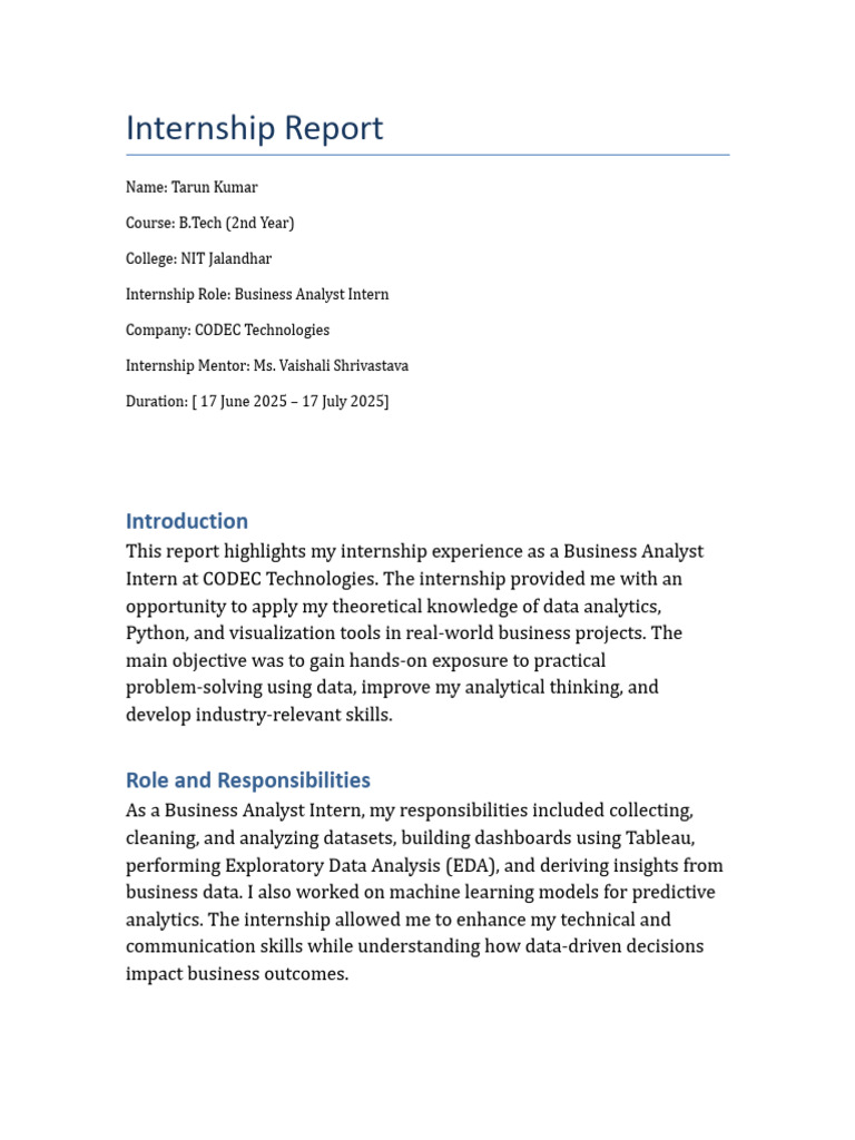 Tarun Tomar Internship Report | PDF | Analytics | Data Analysis