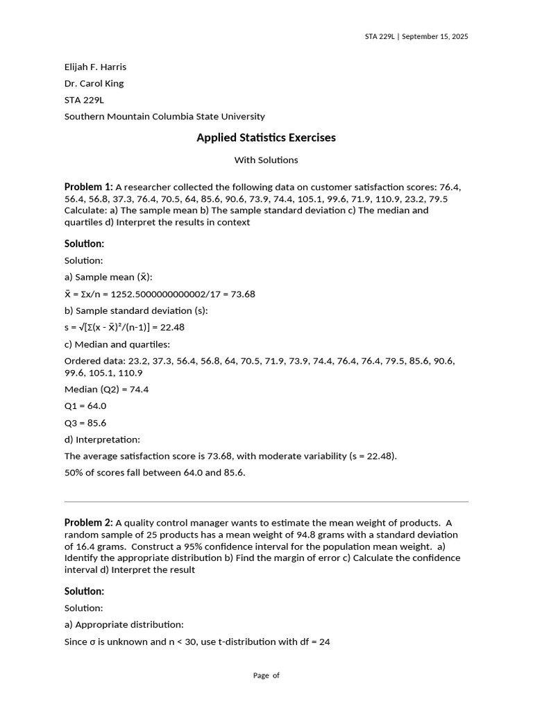 Applied Statistics Exercises with Solutions | PDF | Standard Deviation ...
