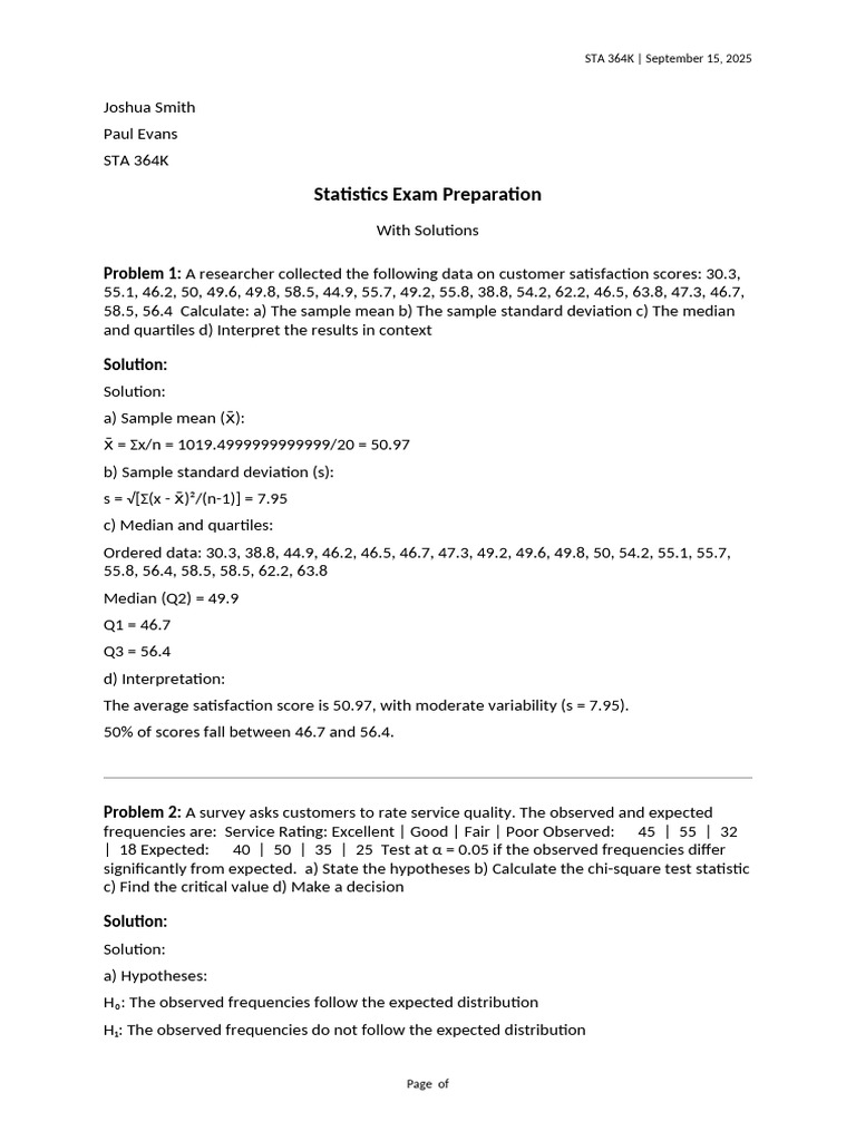 Statistics Exam Prep with Solutions | PDF | Median | Chi Squared Test