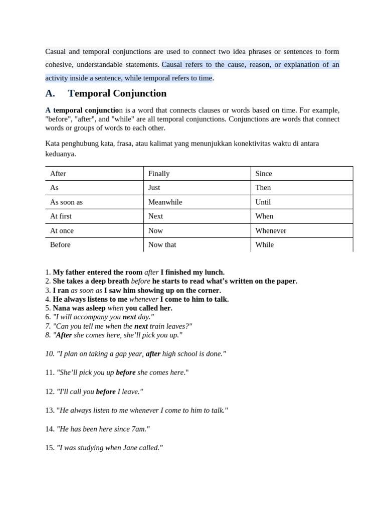 Casual and Temporal Conjunctions Are Used To Connect Two Idea Phrases or Sentences To Form ...