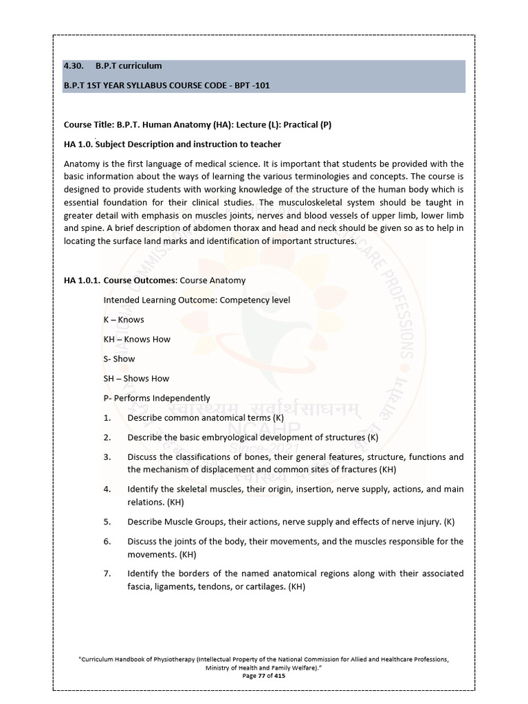 BPT Human Anatomy Syllabus Overview | PDF | Central Nervous System ...