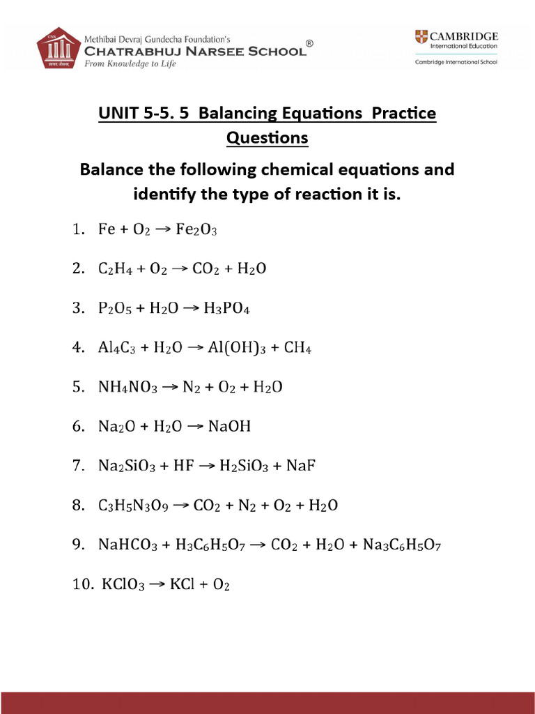 Grade 8 CHEMISTRY UNIT 5 5. 5 Balancing Equations Practice Questions | PDF
