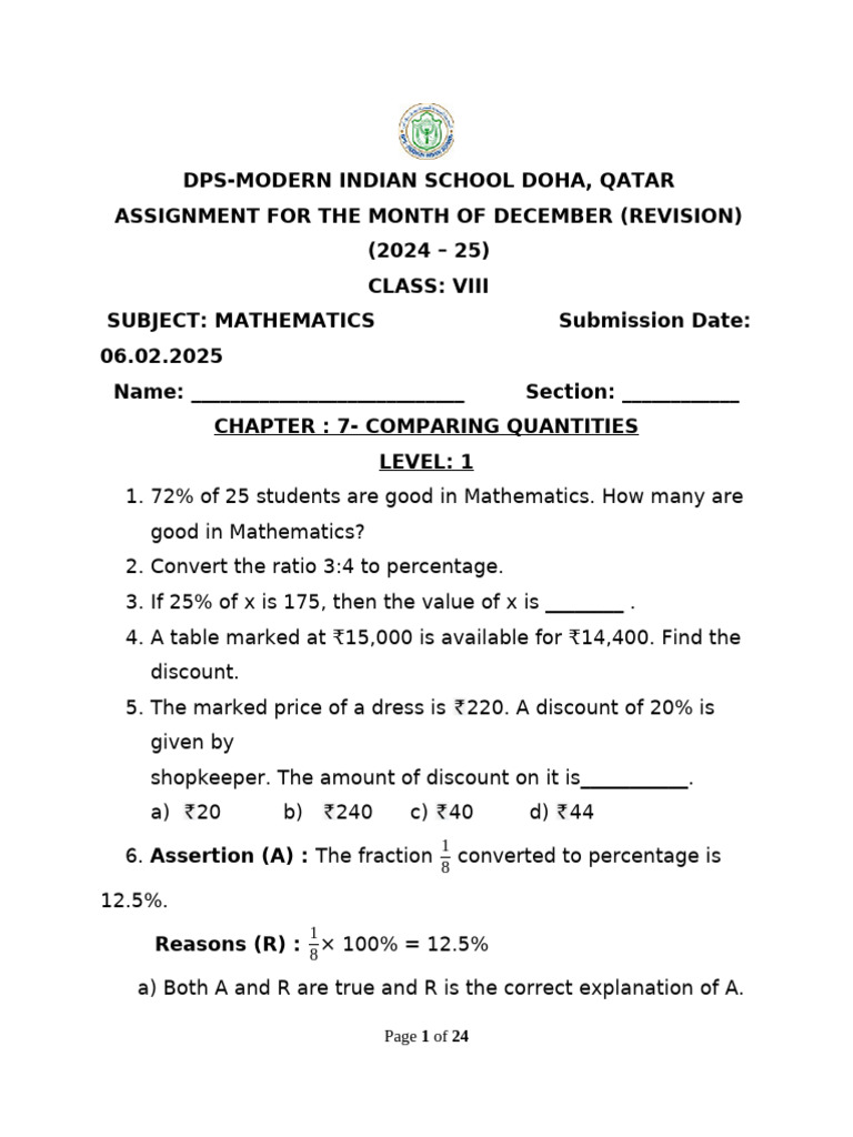 December 2024 Math Assignment Class VIII | PDF | Area | Factorization