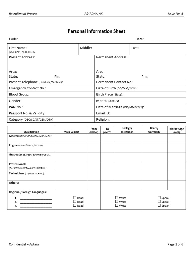 Recruitment Process Personal Information Sheet | PDF